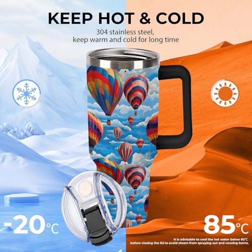 Hot Air Balloons 40 Oz Stainless Steel Cup Travel Tumbler with Handle and Straw Lightweight Coffee Mug for Home Office