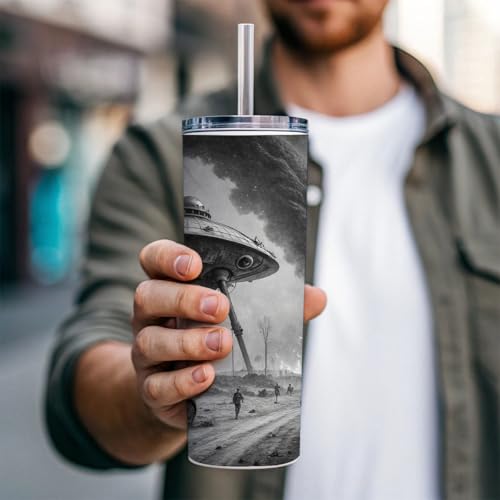 Martian Alien Invasion Tripod War Machine Retro Black and White Skinny Tumbler 20oz with Straw Insulated Water Bottle Gift