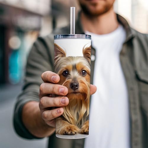 Silky Terrier Dog Photo Skinny Tumbler 20oz with Straw Insulated Water Bottle Gift