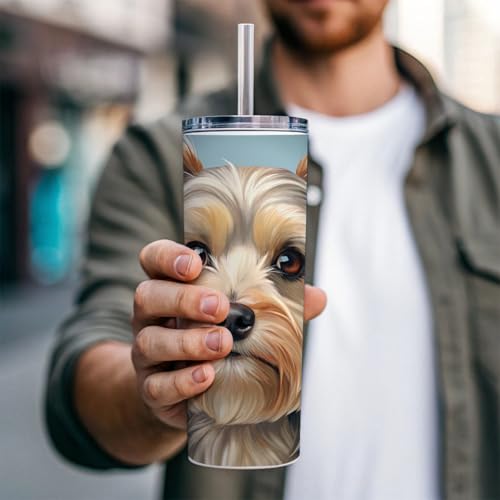 Morkie Dog Illustration Skinny Tumbler 20oz with Straw Insulated Water Bottle Gift