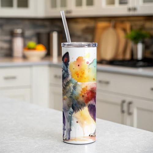 Mudi Dog Watercolor Style Skinny Tumbler 20oz with Straw Insulated Water Bottle Gift