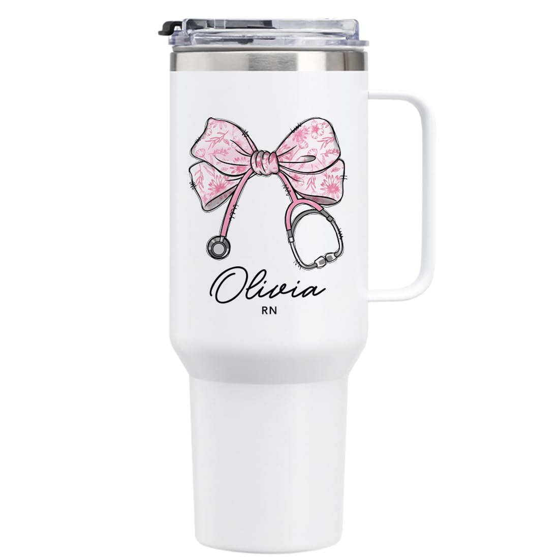 Andaz Press Personalized 40oz Tumbler with Handle, Lid and Straw, Coquette Bow Custom Name 40 oz Tumbler Travel Mug, Nurse Appreciation Gifts Custom Mug with Name Nurse Gifts for Women Nursing Student