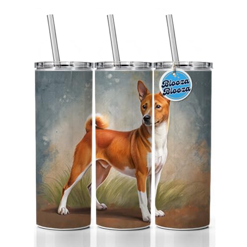 Basenji Dog Illustration Skinny Tumbler 20oz with Straw Insulated Water Bottle Gift