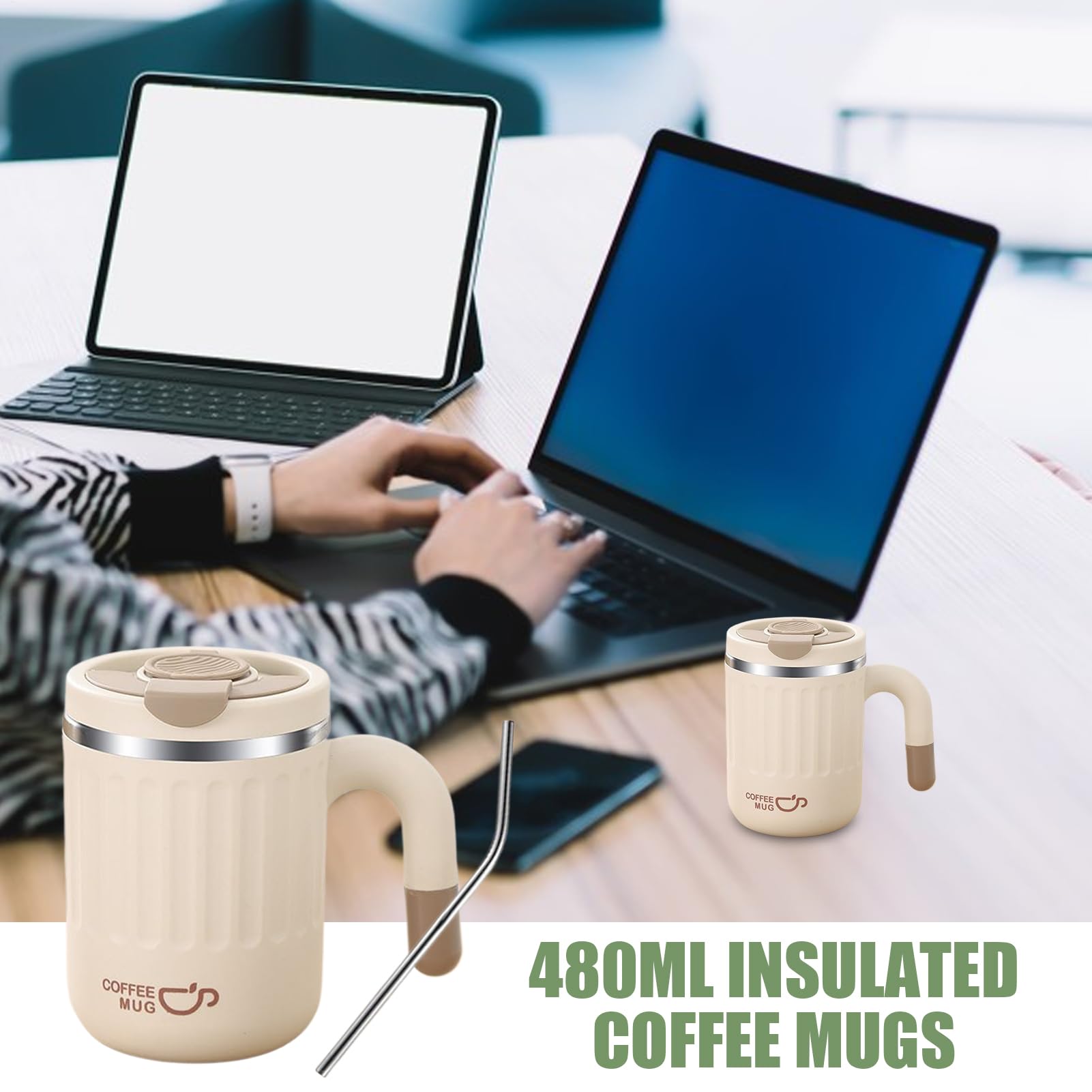 Insulated Coffee Mug - 480ml Coffee Tumbler | Vacuum Insulated Tumbler Cup with Handle & Lid | Double-Walled Portable Travel Mug | Leak-Proof Thermal Drink Container for Home, Ofice & Camping