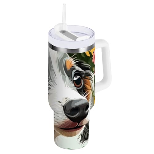 Adorable Dog with Flower Garland Soft Tumbler With Handle And Straw 30-40oz Insulated Tumbler Cups With Lid Stainless Steel for Cold Water and Drinks for School Work Sports Car Travel and Weekends