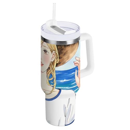 Nexawaveo Blonde Girl by Sea Tumbler With Handle And Straw 30-40oz Insulated Tumbler Cups With Lid Stainless Steel for Cold Water and Drinks for School Work Sports Car Travel and Weekends