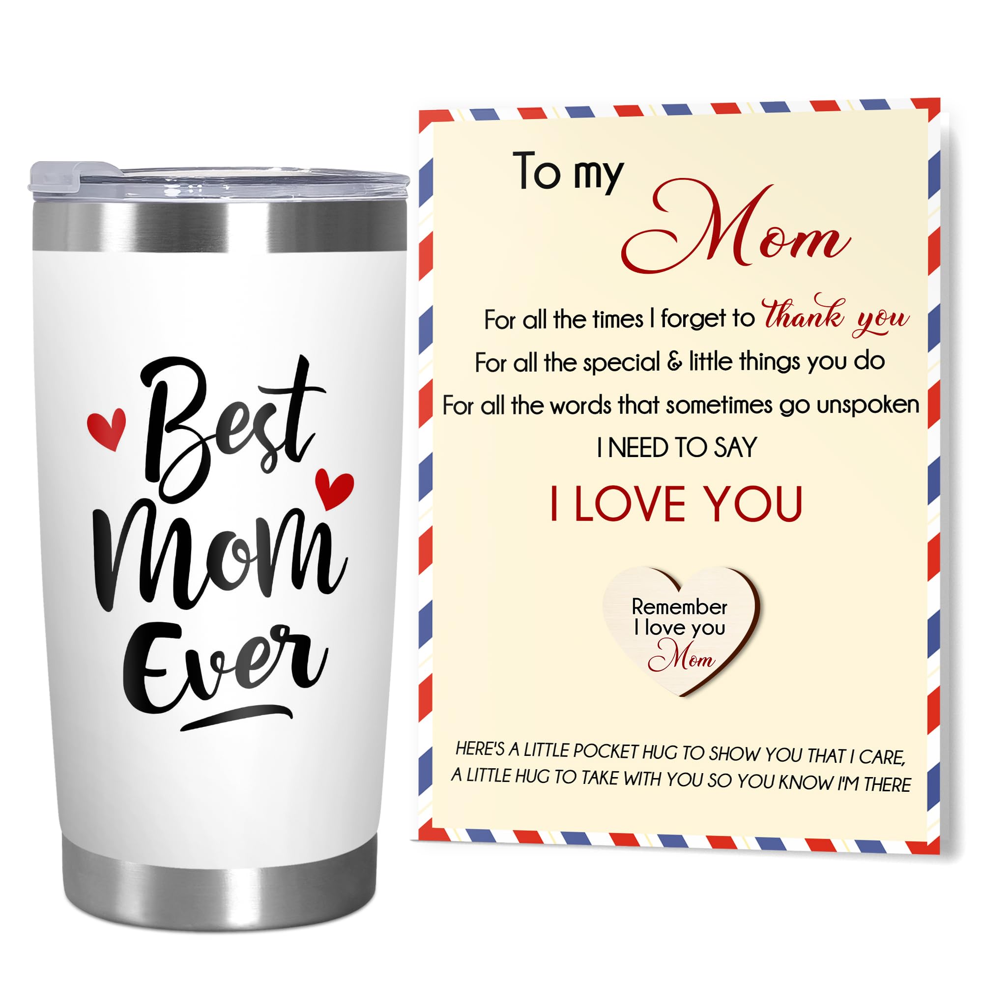TEEZWONDER Mothers Day Gifts For Mom From Daughter Son - 20 Oz Stainless Steel Insulated Coffee Tumbler with Lid & Greeting Card with Pocket Hug Token and Envelope - Mom Birthday Gifts For Women Mama