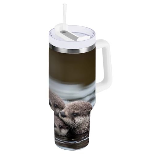 Nexawaveo Otters Family Tumbler With Handle And Straw 30-40oz Insulated Tumbler Cups With Lid Stainless Steel for Cold Water and Drinks for School Work Sports Car Travel and Weekends