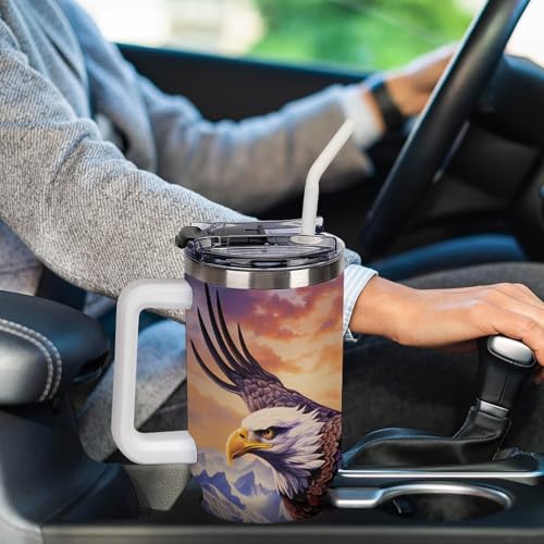 Bald Ea-gle 40 Oz Stainless Steel Cup Travel Tumbler with Handle and Straw Lightweight Coffee Mug for Home Office