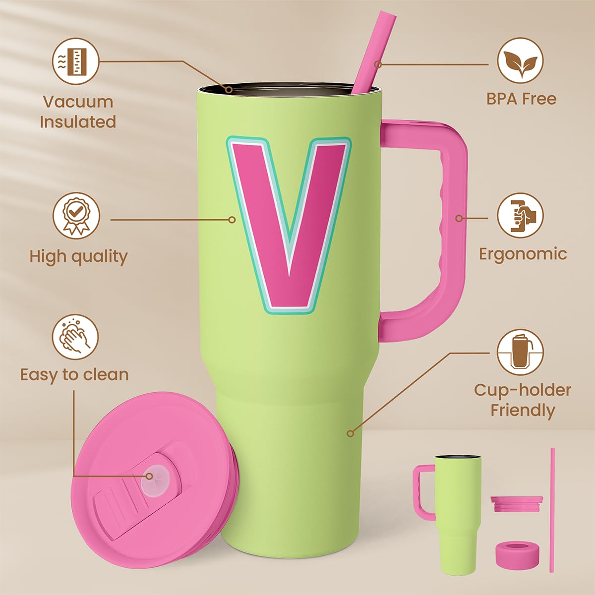 SANDJEST Stainless Steel Slider Tumbler With Handle 40oz & Jewelry Case with Initial V