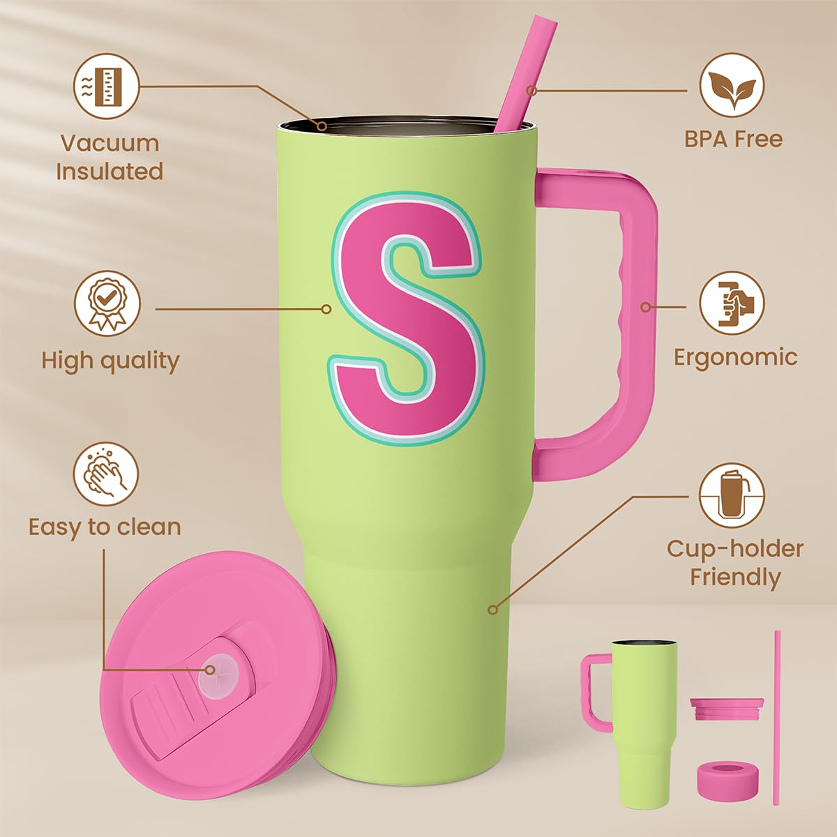 SANDJEST Stainless Steel Slider Tumbler With Handle 40oz & Jewelry Case with Initial S