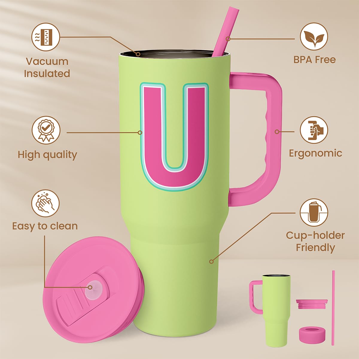 SANDJEST Stainless Steel Slider Tumbler With Handle 40oz & Jewelry Case with Initial U