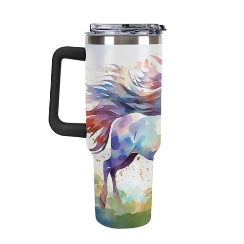 Running Horse Watercolor 40 Oz Stainless Steel Cup Travel Tumbler with Handle and Straw Lightweight Coffee Mug for Home Office