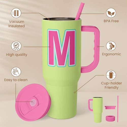 SANDJEST Stainless Steel Slider Tumbler With Handle 40oz & Jewelry Case with Initial M