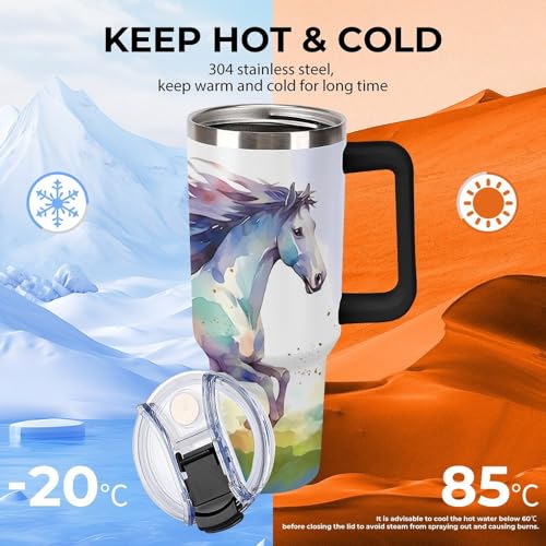 Running Horse Watercolor 40 Oz Stainless Steel Cup Travel Tumbler with Handle and Straw Lightweight Coffee Mug for Home Office