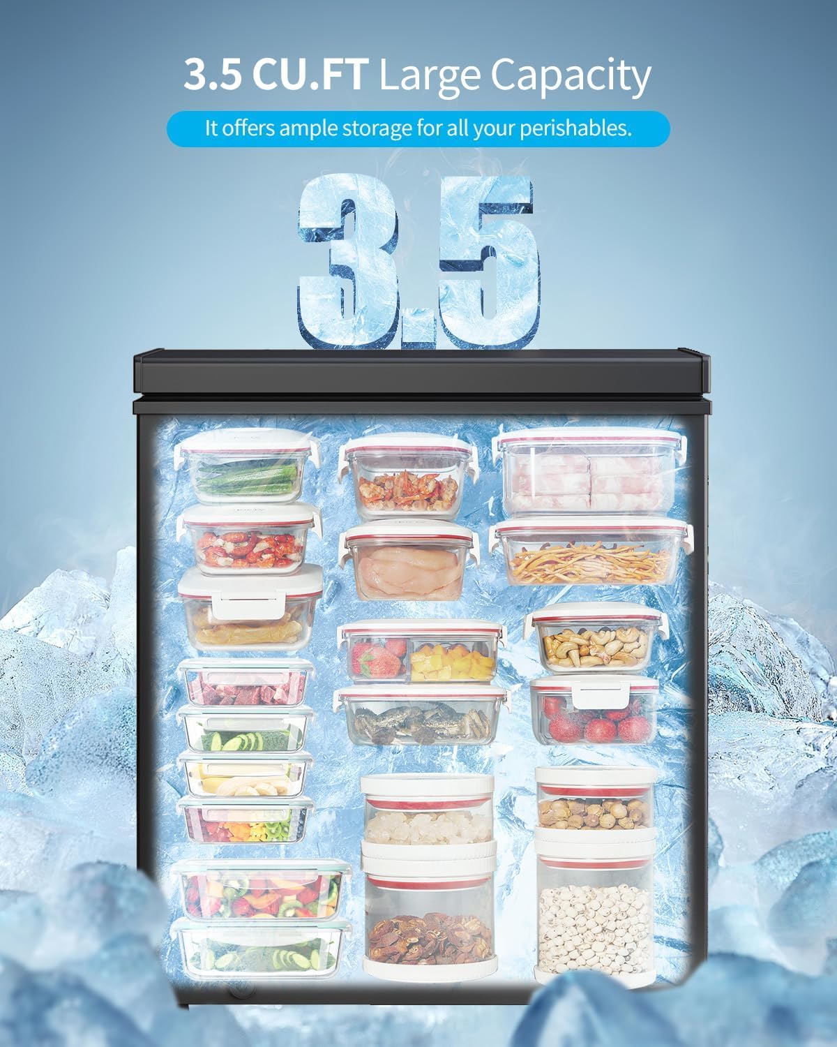 TABU 3.5 Cubic Feet Chest Freezer, Compact Top Opening Deep Freezer with 7 Level Adjustable Thermostat & Removable Basket, Low Noise, Freestanding (Black, 3.5 Cu.Ft.)
