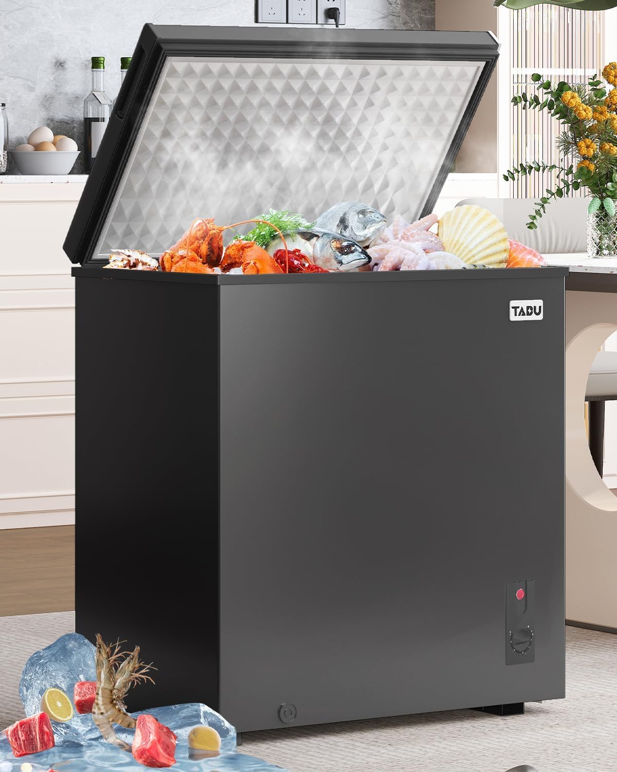 TABU 3.5 Cubic Feet Chest Freezer, Compact Top Opening Deep Freezer with 7 Level Adjustable Thermostat & Removable Basket, Low Noise, Freestanding (Black, 3.5 Cu.Ft.)