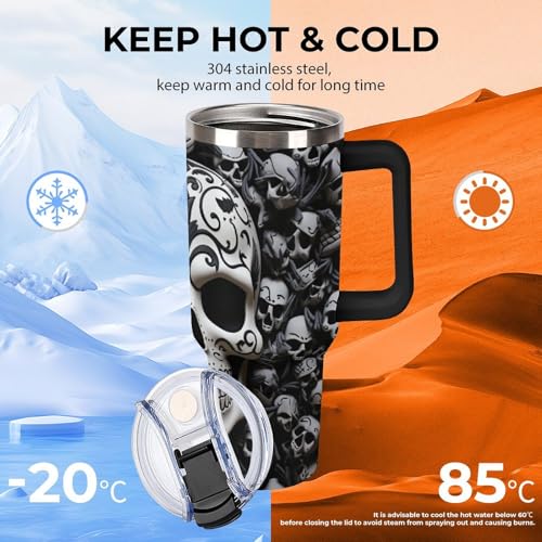 Black And White Skulls Insulated Stainless Steel Travel Mug, 40 Oz Tumbler with Handle And Straw Double-Wall Vacuum Coffee Cup, Leak-Proof Lid, Keeps Drinks Hot/Cold for Hours