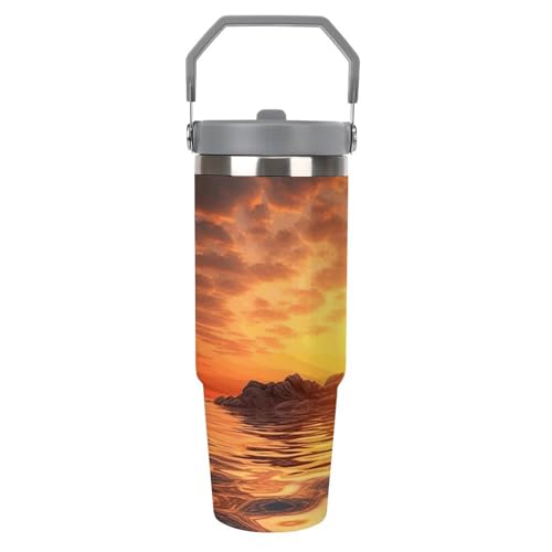 STVNKML 30 Oz Tumbler with Handle And Straw, Sea Lighthouse in Sunset Leakproof Stainless Steel Water Bottle for Hot & Cold Drinks 24 Hours, Car Cup Holder Friendly, Travel Mug for Home, Office, Gym