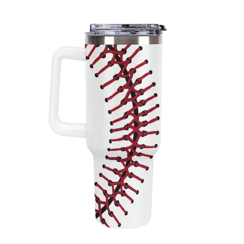 40 Oz Baseball Insulated Stainless Steel Tumbler with Handle & Straw Lid, Reusable Travel Cupholder Friendly Mug for Coffee, Water, Tea