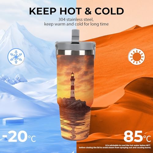 STVNKML 30 Oz Tumbler with Handle And Straw, Sea Lighthouse in Sunset Leakproof Stainless Steel Water Bottle for Hot & Cold Drinks 24 Hours, Car Cup Holder Friendly, Travel Mug for Home, Office, Gym