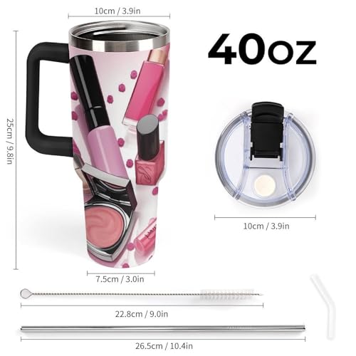Modern Woman Cosmetic Insulated Stainless Steel Travel Mug, 40 Oz Tumbler with Handle And Straw Double-Wall Vacuum Coffee Cup, Leak-Proof Lid, Keeps Drinks Hot/Cold for Hours