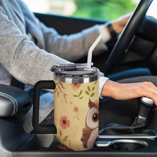LPSADGF Cute Owl Insulated Stainless Steel Travel Mug, 40 Oz Tumbler with Handle And Straw Double-Wall Vacuum Coffee Cup, Leak-Proof Lid, Keeps Drinks Hot/Cold for Hours