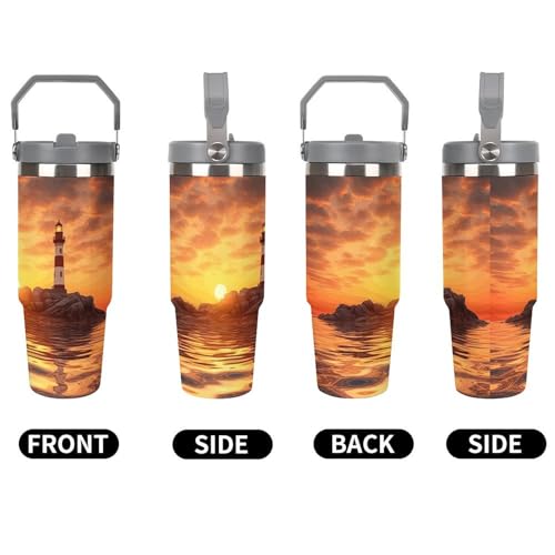 STVNKML 30 Oz Tumbler with Handle And Straw, Sea Lighthouse in Sunset Leakproof Stainless Steel Water Bottle for Hot & Cold Drinks 24 Hours, Car Cup Holder Friendly, Travel Mug for Home, Office, Gym