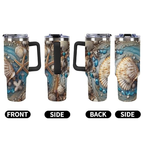 LPSADGF Ocean Shell Art Insulated Stainless Steel Travel Mug, 40 Oz Tumbler with Handle And Straw Double-Wall Vacuum Coffee Cup, Leak-Proof Lid, Keeps Drinks Hot/Cold for Hours