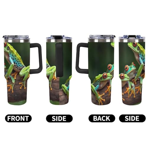 Colored Frogs And Dragonflies Insulated Stainless Steel Travel Mug, 40 Oz Tumbler with Handle And Straw Double-Wall Vacuum Coffee Cup, Leak-Proof Lid, Keeps Drinks Hot/Cold for Hours