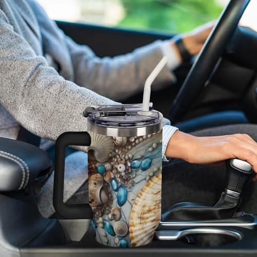 LPSADGF Ocean Shell Art Insulated Stainless Steel Travel Mug, 40 Oz Tumbler with Handle And Straw Double-Wall Vacuum Coffee Cup, Leak-Proof Lid, Keeps Drinks Hot/Cold for Hours