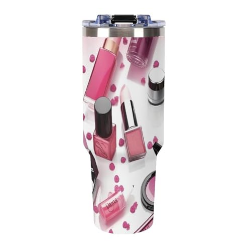 Modern Woman Cosmetic Insulated Stainless Steel Travel Mug, 40 Oz Tumbler with Handle And Straw Double-Wall Vacuum Coffee Cup, Leak-Proof Lid, Keeps Drinks Hot/Cold for Hours