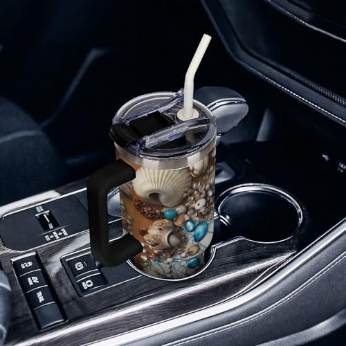 LPSADGF Ocean Shell Art Insulated Stainless Steel Travel Mug, 40 Oz Tumbler with Handle And Straw Double-Wall Vacuum Coffee Cup, Leak-Proof Lid, Keeps Drinks Hot/Cold for Hours