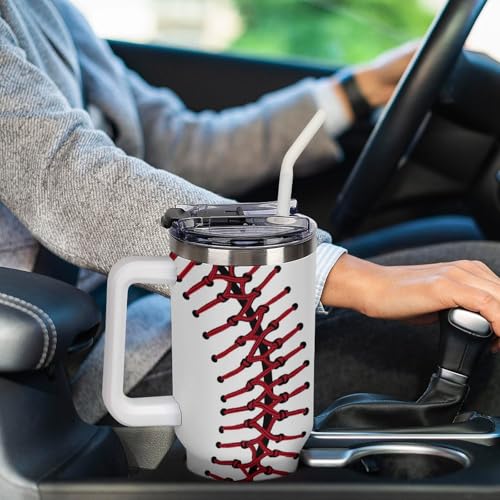40 Oz Baseball Insulated Stainless Steel Tumbler with Handle & Straw Lid, Reusable Travel Cupholder Friendly Mug for Coffee, Water, Tea
