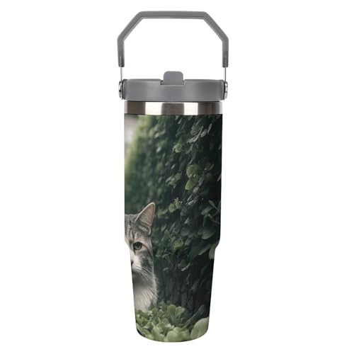 STVNKML 30 Oz Tumbler with Handle And Straw, Cat on The Ground Leakproof Stainless Steel Water Bottle for Hot & Cold Drinks 24 Hours, Car Cup Holder Friendly, Travel Mug for Home, Office, Gym