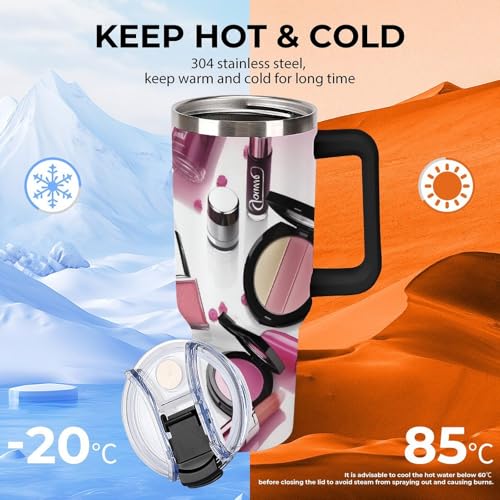 Modern Woman Cosmetic Insulated Stainless Steel Travel Mug, 40 Oz Tumbler with Handle And Straw Double-Wall Vacuum Coffee Cup, Leak-Proof Lid, Keeps Drinks Hot/Cold for Hours