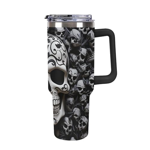 Black And White Skulls Insulated Stainless Steel Travel Mug, 40 Oz Tumbler with Handle And Straw Double-Wall Vacuum Coffee Cup, Leak-Proof Lid, Keeps Drinks Hot/Cold for Hours