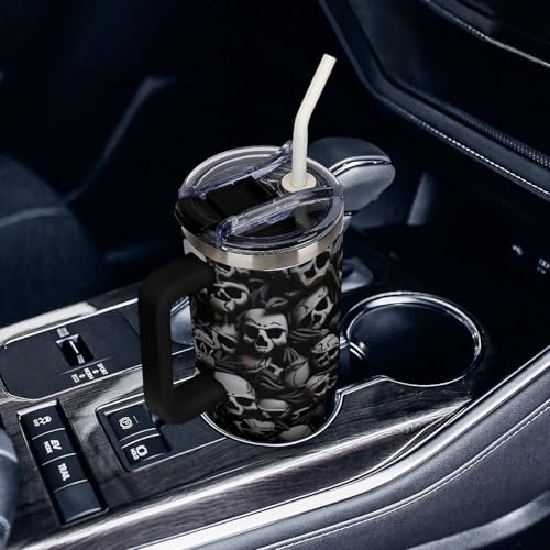 Black And White Skulls Insulated Stainless Steel Travel Mug, 40 Oz Tumbler with Handle And Straw Double-Wall Vacuum Coffee Cup, Leak-Proof Lid, Keeps Drinks Hot/Cold for Hours