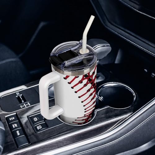 40 Oz Baseball Insulated Stainless Steel Tumbler with Handle & Straw Lid, Reusable Travel Cupholder Friendly Mug for Coffee, Water, Tea