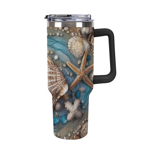 LPSADGF Ocean Shell Art Insulated Stainless Steel Travel Mug, 40 Oz Tumbler with Handle And Straw Double-Wall Vacuum Coffee Cup, Leak-Proof Lid, Keeps Drinks Hot/Cold for Hours