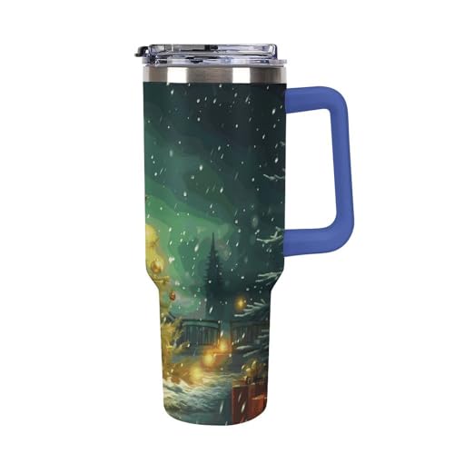 LLUTSNTH 40 Oz Vacuum Tumbler with Deep Blue Handle Leakproof Insulated Tumbler Christmas Trees Stainless Steel Travel Mug with Lid And Straw Coffee Cup Cute Water Bottles Cup Holder Friendly
