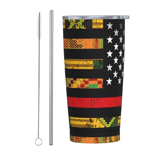 VKKOEWL American Flag African Kente Stainless Steel Insulated Tumbler 20 Oz Travel Water Bottle Coffee Mug Drink Cup With Lid Straw
