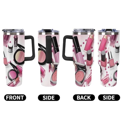 Modern Woman Cosmetic Insulated Stainless Steel Travel Mug, 40 Oz Tumbler with Handle And Straw Double-Wall Vacuum Coffee Cup, Leak-Proof Lid, Keeps Drinks Hot/Cold for Hours