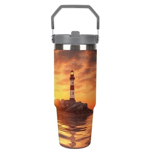 STVNKML 30 Oz Tumbler with Handle And Straw, Sea Lighthouse in Sunset Leakproof Stainless Steel Water Bottle for Hot & Cold Drinks 24 Hours, Car Cup Holder Friendly, Travel Mug for Home, Office, Gym