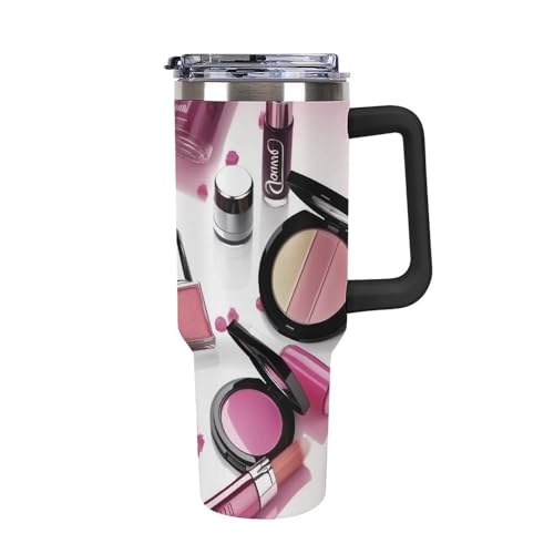 Modern Woman Cosmetic Insulated Stainless Steel Travel Mug, 40 Oz Tumbler with Handle And Straw Double-Wall Vacuum Coffee Cup, Leak-Proof Lid, Keeps Drinks Hot/Cold for Hours