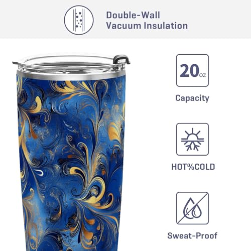 sanluoli Blue Gold Irregular Grain Stainless Steel coffee cup travel with Straw Lid coffee mugs with lids for café leakproof insulated tumbler 20 OZ