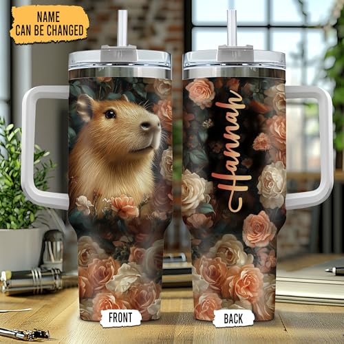 Hyturtle Personalized Capybara Gifts for Women, Floral 40oz Tumbler with Handle and Straw, Best Birthday Christmas Gifts Ideas for Girls, Friends Custom Name Stainless Steel Travel Cup With Lid