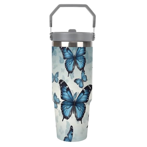 STVNKML 30 Oz Tumbler with Handle And Straw, Blue Butterfly Leakproof Stainless Steel Water Bottle for Hot & Cold Drinks 24 Hours, Car Cup Holder Friendly, Travel Mug for Home, Office, Gym