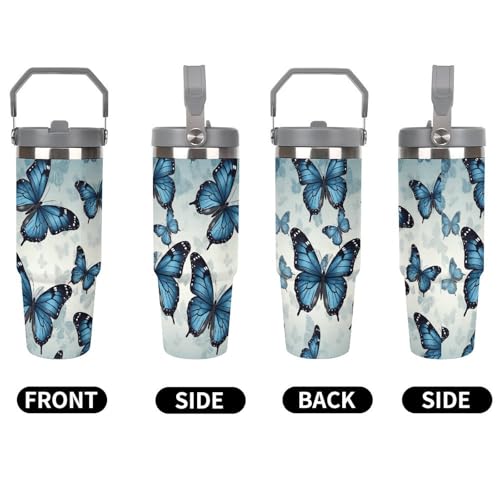 STVNKML 30 Oz Tumbler with Handle And Straw, Blue Butterfly Leakproof Stainless Steel Water Bottle for Hot & Cold Drinks 24 Hours, Car Cup Holder Friendly, Travel Mug for Home, Office, Gym