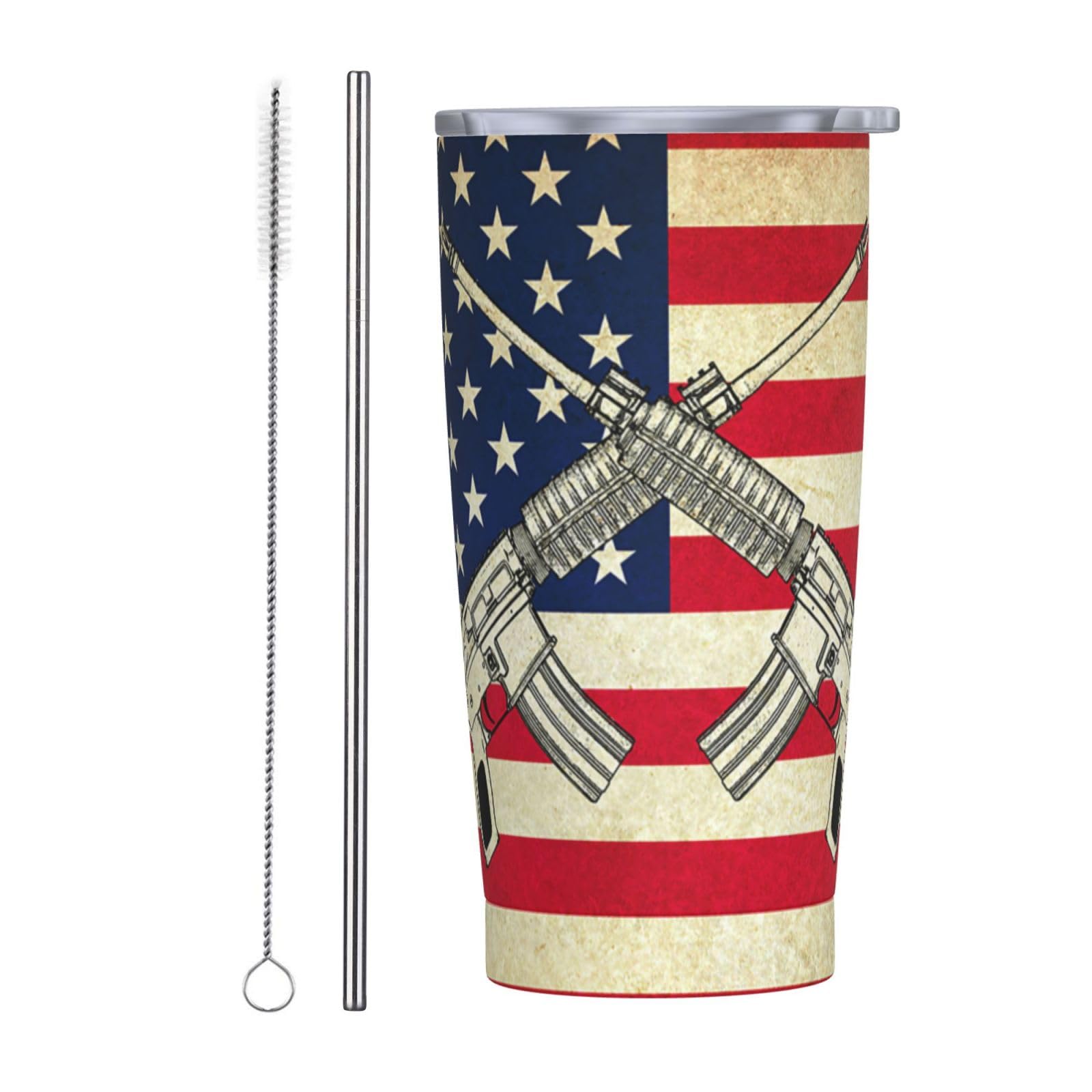 VKKOEWL Flag Of USA With Guns Stainless Steel Insulated Tumbler 20 Oz Travel Water Bottle Coffee Mug Drink Cup With Lid Straw